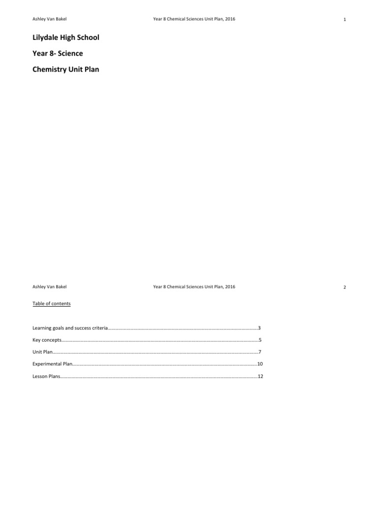 Chemical Sciences Unit Plan - Year 8 | PDF | Chemical Compounds ...