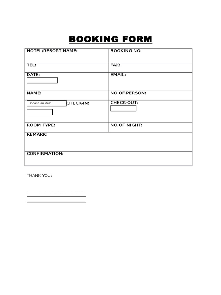 Booking Form: Hotel/Resort Name: Booking No | PDF