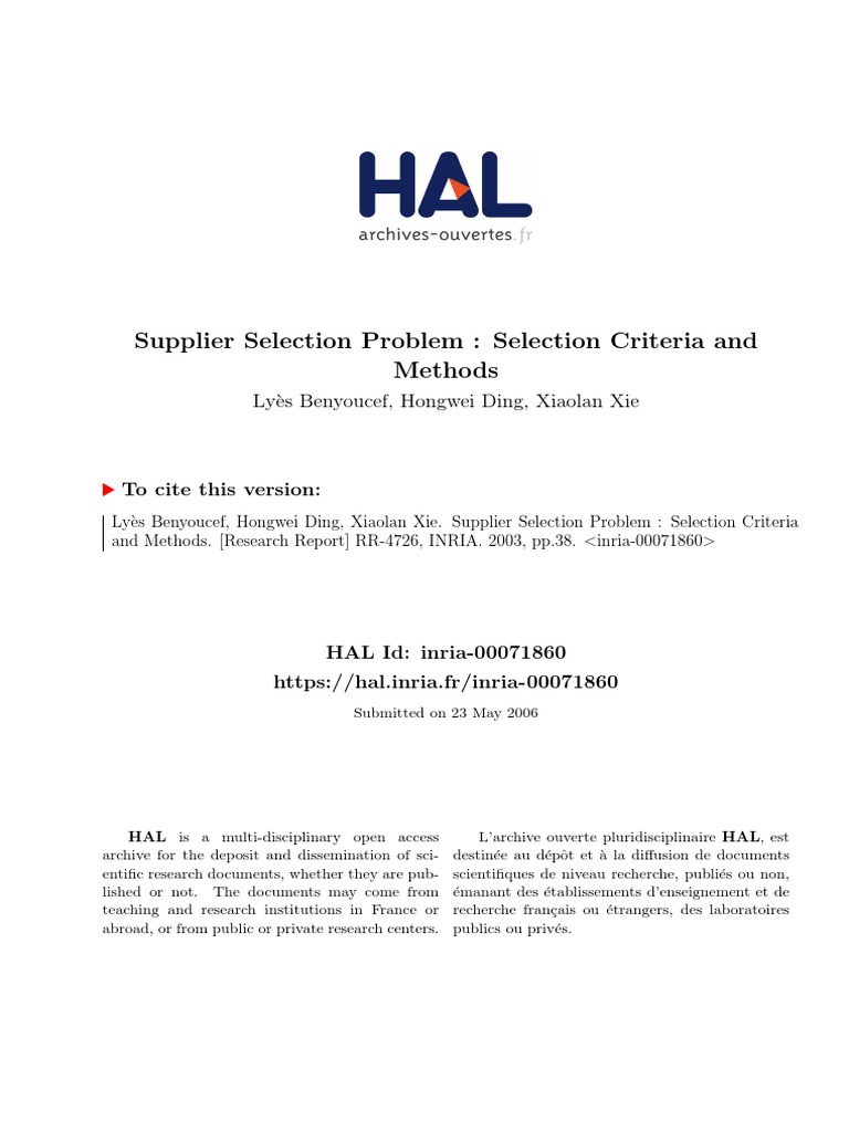 Supplier Selection Problem: Selection Criteria and Methods: Ly' Es ...