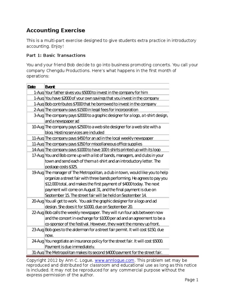 Accounting Exercise: Part 1: Basic Transactions | PDF | Cost Of Goods ...