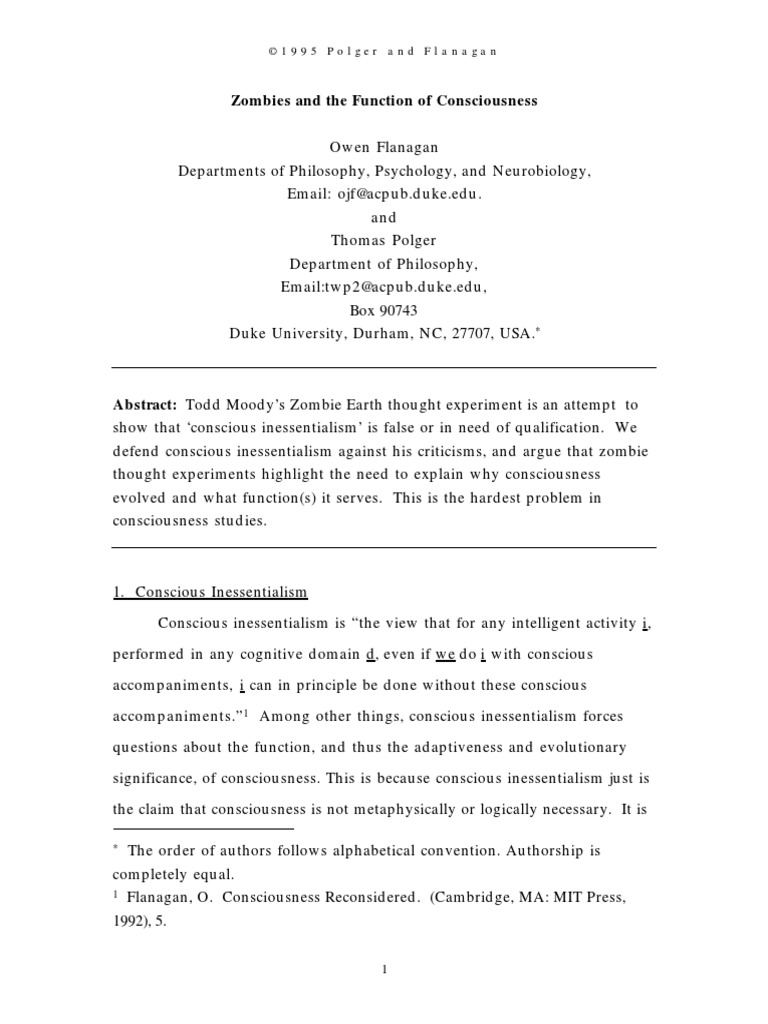 Zombies and The Function of Consciousness | PDF | Consciousness ...