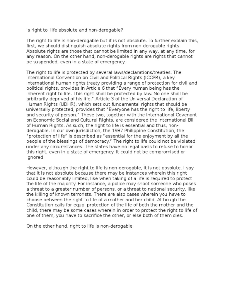 Distinguishing Absolute and Non-Derogable Rights: The Right to Life is ...