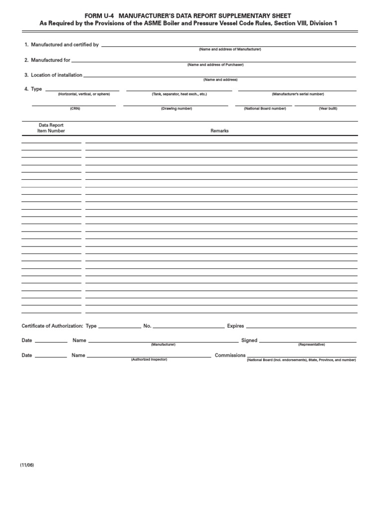 Form U-4 Manufacturer'S Data Report Supplementary Sheet As Required by ...