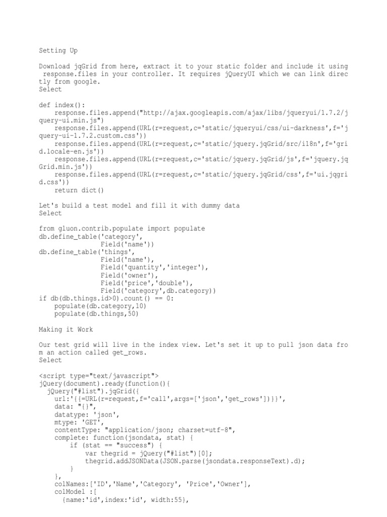 Simple Example Of How To Get Started With Jqgrid On Web2py Pdf Json J Query