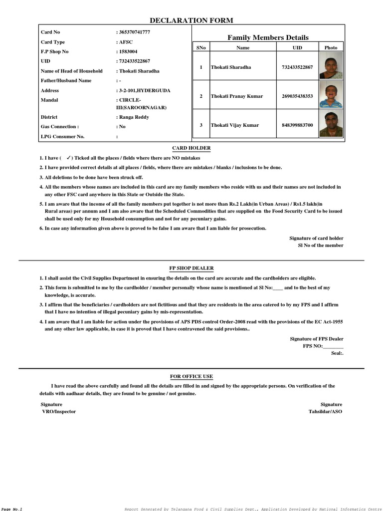 Telangana Food Security Card Declaration | PDF | Food Security ...