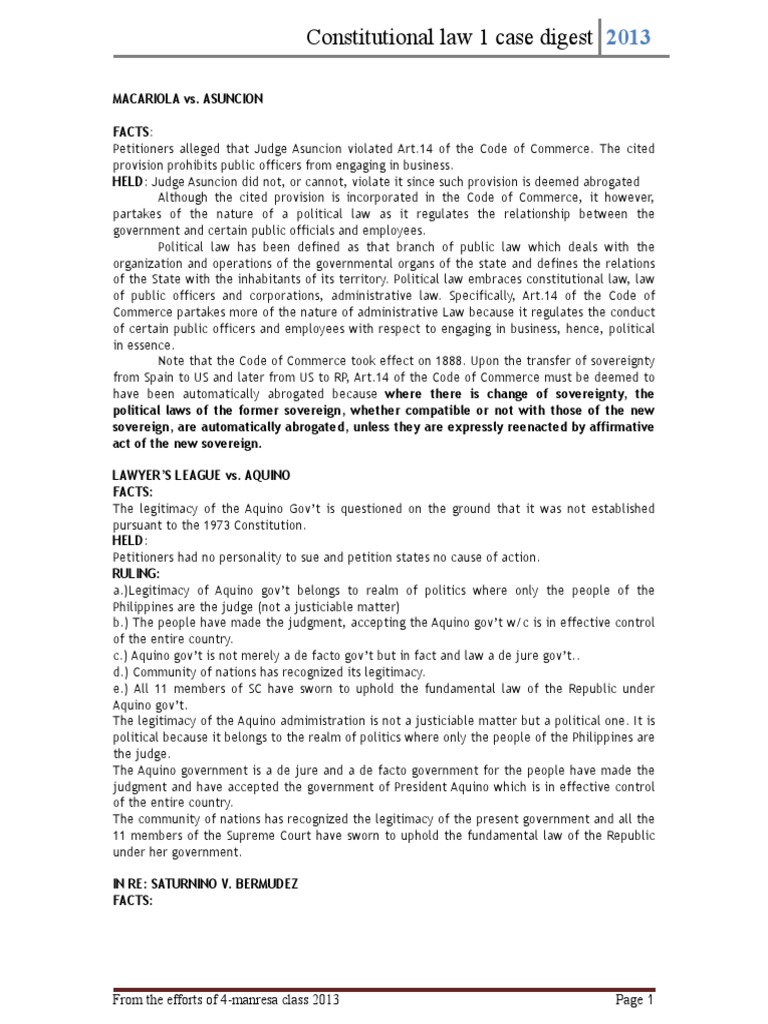 Consti 1 Case Digest 2013 4th Yr 1 | PDF | Separation Of Powers | Judiciaries