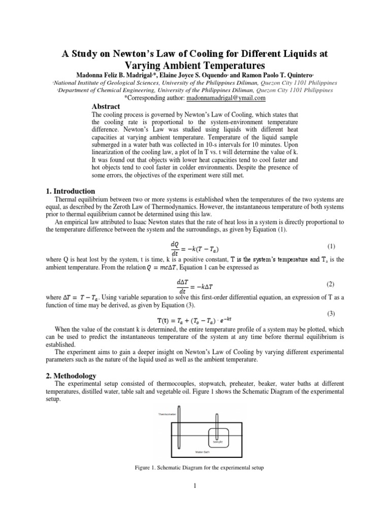 A Study On Newton's Law of Cooling For Different Liquids at Varying ...