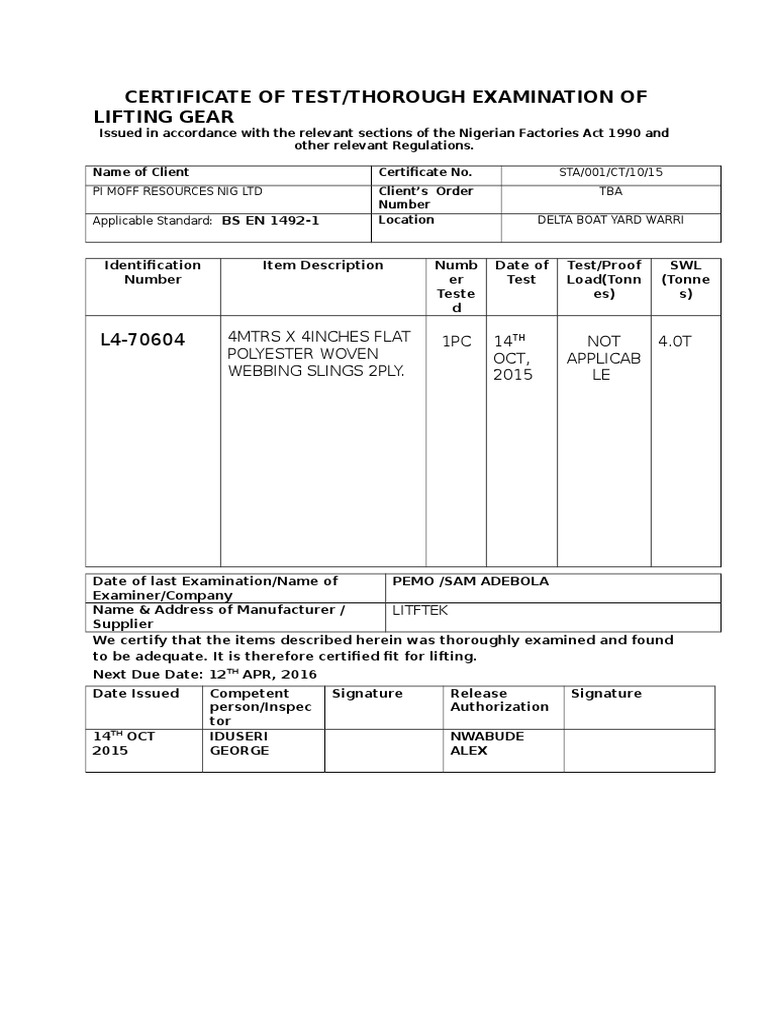 Certificate of Test | Survival Skills | Military Personal Equipment