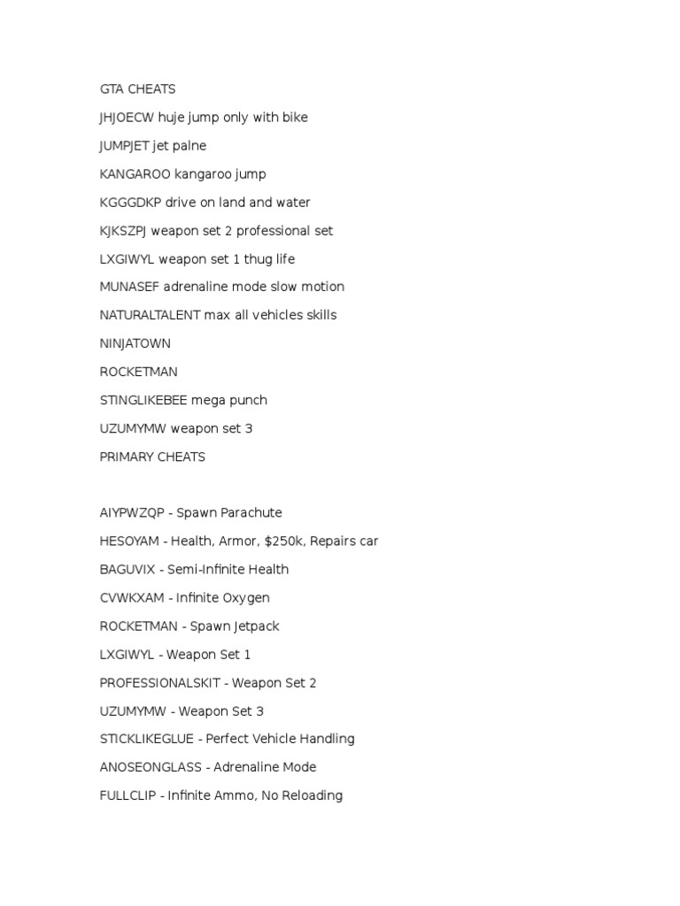 GTA San Andreas Bike Cheat Codes | PDF | Technology & Engineering