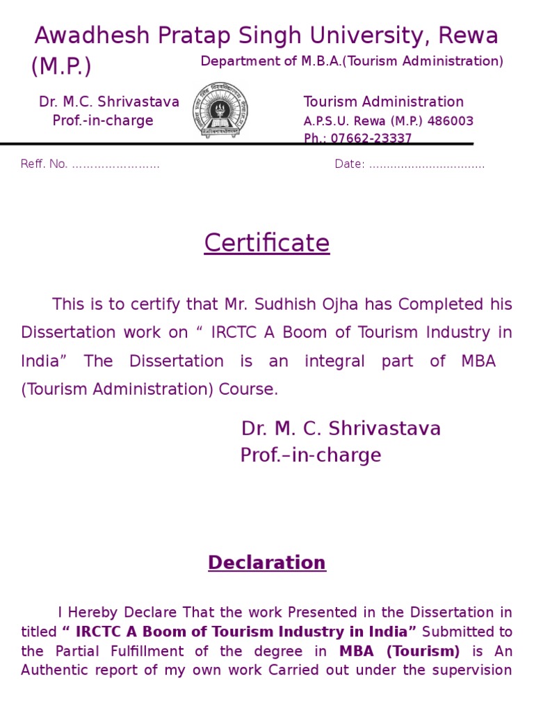 Certificate: Awadhesh Pratap Singh University, Rewa (M.P.) | PDF