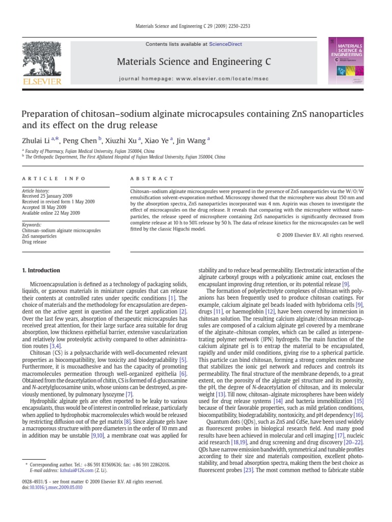 Preparation of Chitosan-Sodium Alginate Microcapsules Containing ZNS Nanoparticles | PDF ...