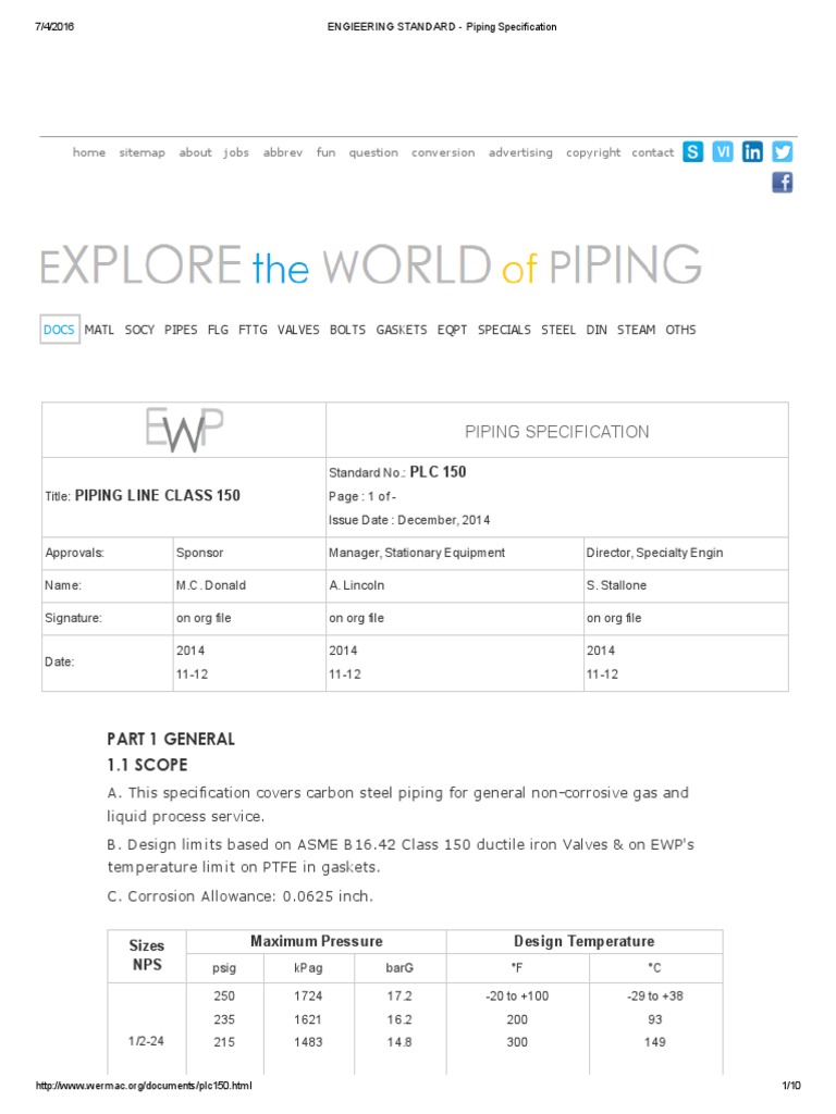 Engieering Standard - Piping Specification | PDF | Pipe (Fluid ...