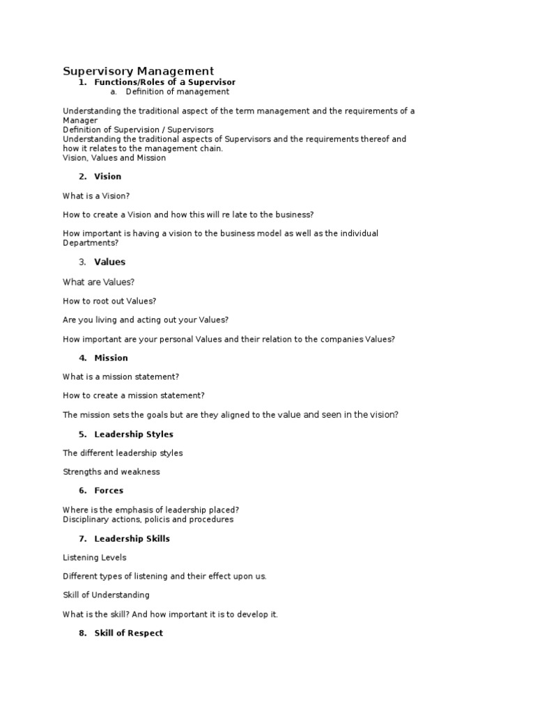 Supervisory Management: 1. Functions/Roles Supervisor | PDF ...