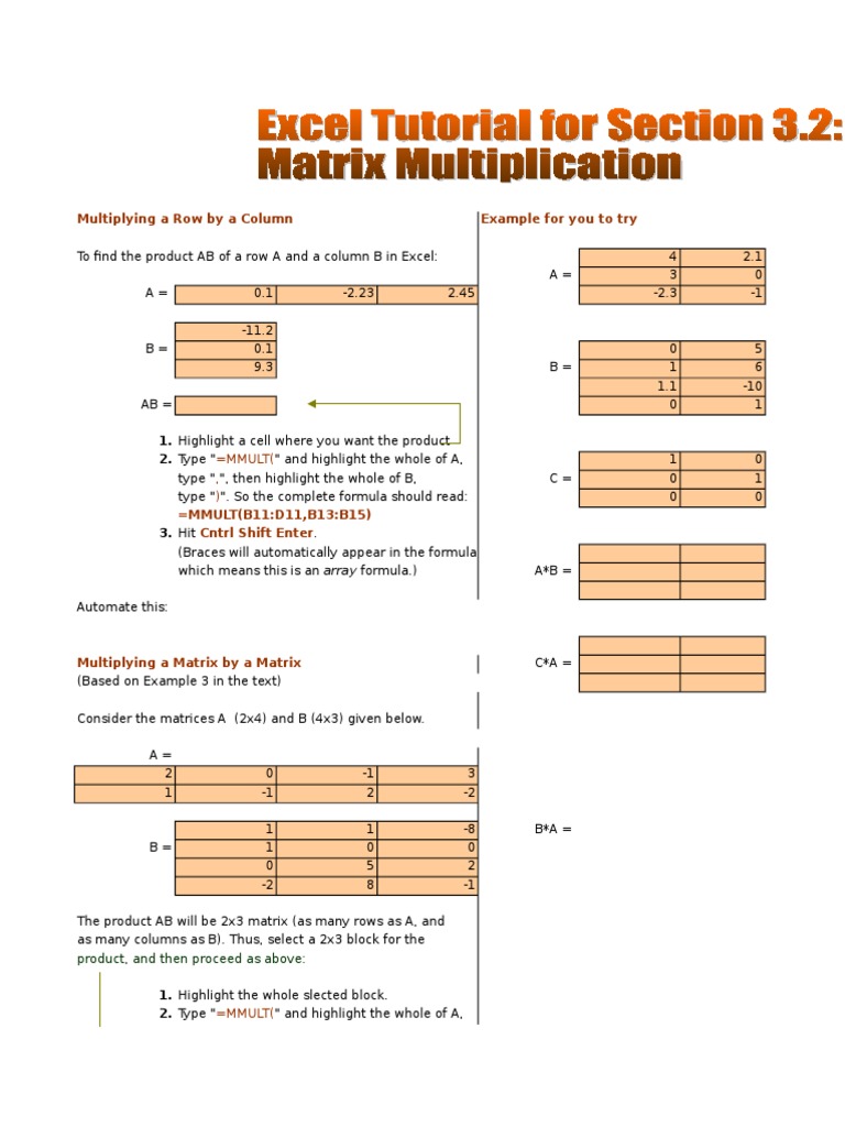 Multiplying A Row by A Column Example For You To Try: Mmult (,) | PDF ...
