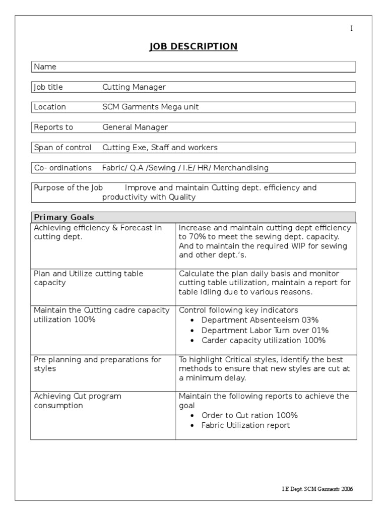 Job Description Cutting MGR | PDF