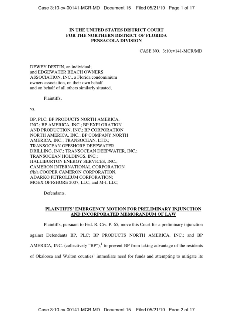 Emergency Motion for Preliminary Injunction | Bp | Injunction