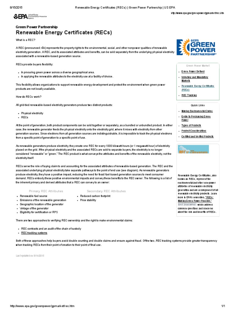 Renewable Energy Certificates (RECs) - Green Power Partnership - US EPA ...