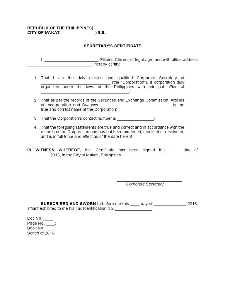 Sec. Cert. Sample Certification of Existing Corporation