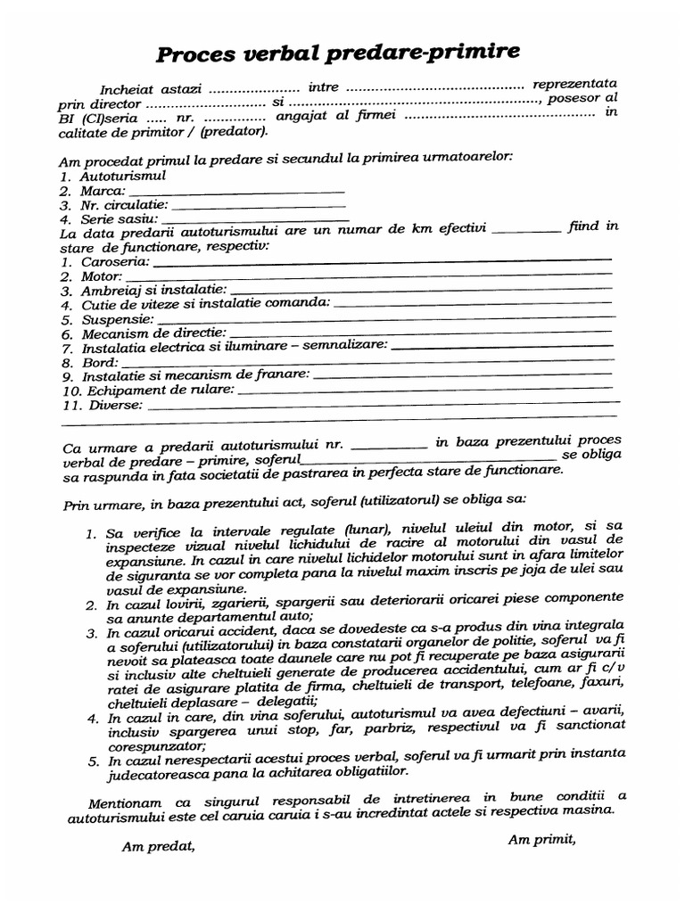 Proces Verbal Predare-Primire Auto | PDF