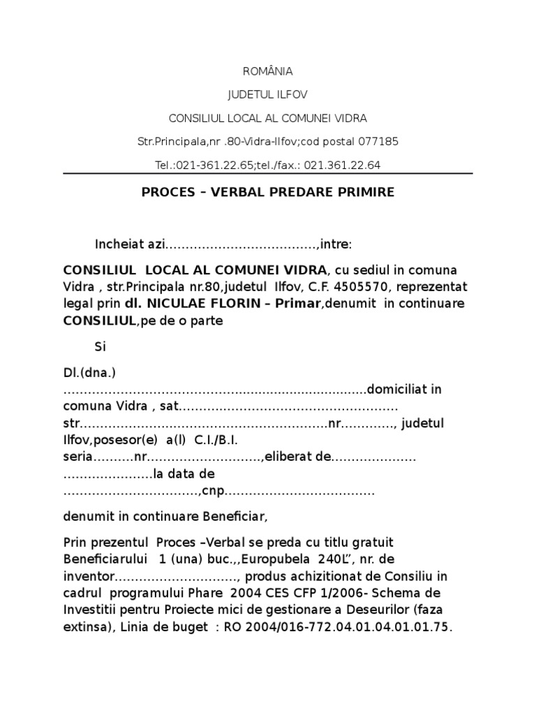 Model Proces Verbal de Predare Primire | PDF