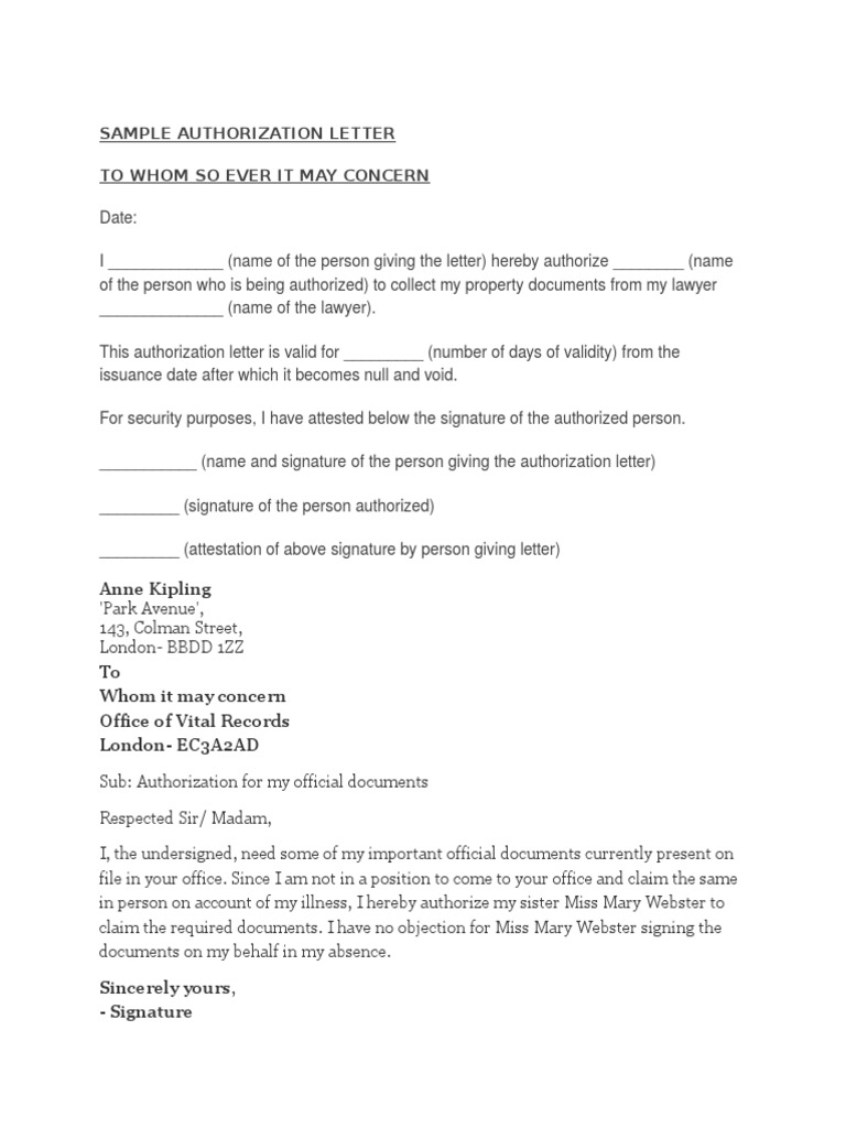 Sample Authorization Letter | PDF | Common Law | Justice