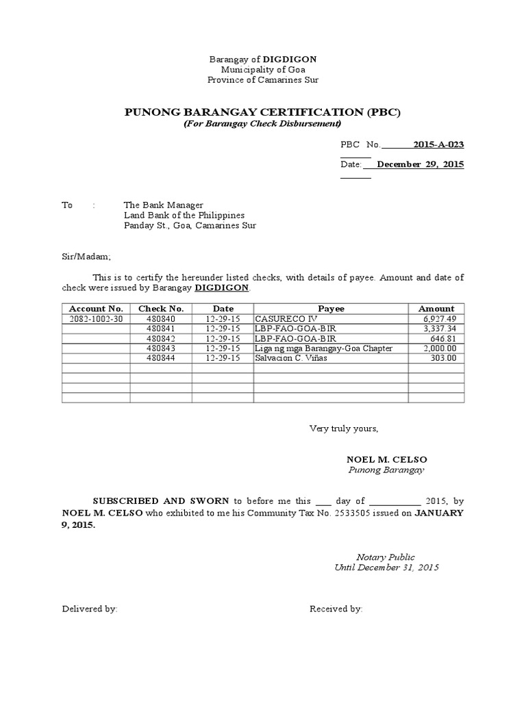 Punong Barangay Certification (PBC) : (For Barangay Check Disbursement) | PDF