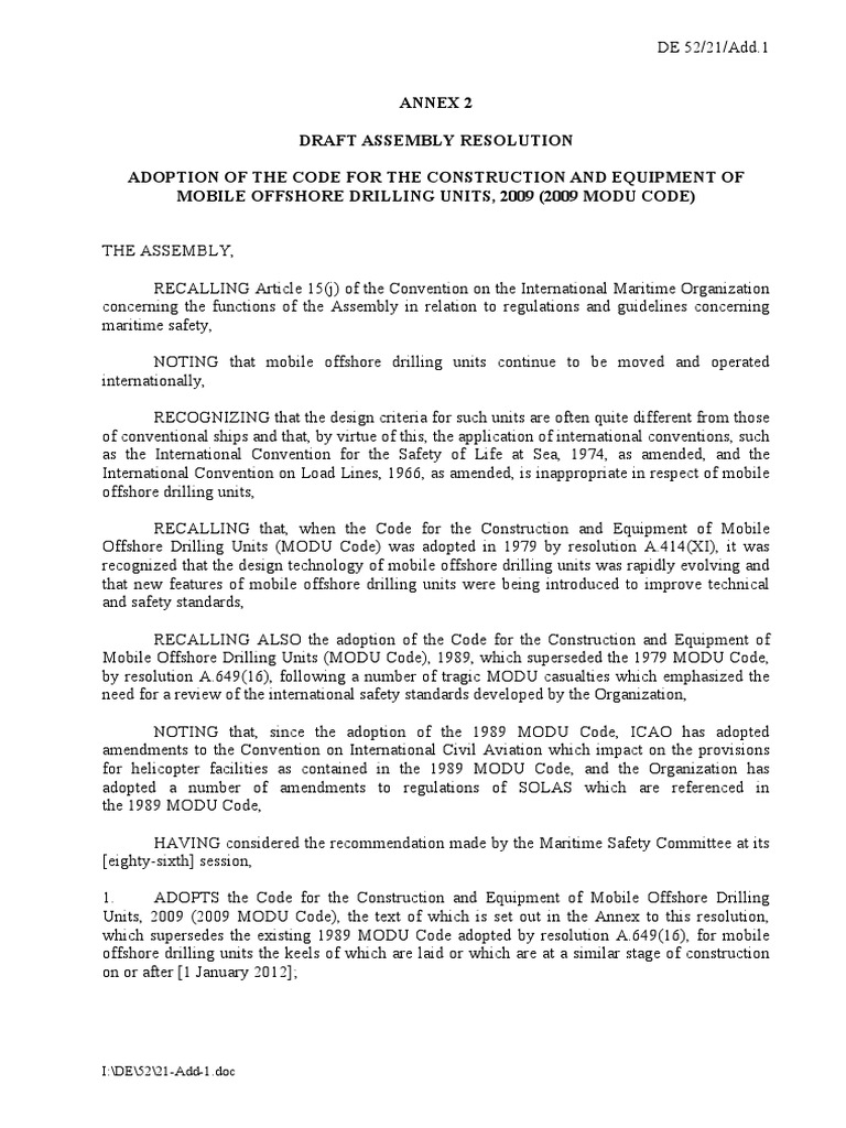 2009 MODU Code for Offshore Drilling | PDF | Safety | Boiler