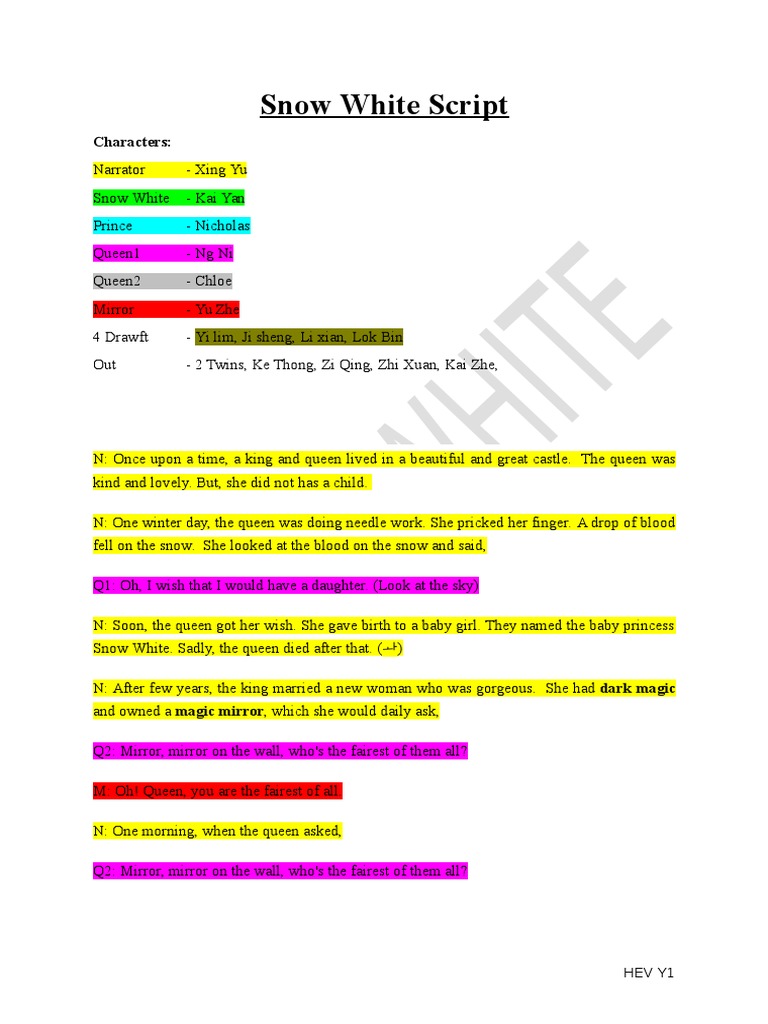 Snow White Script with Cast | PDF | Snow White