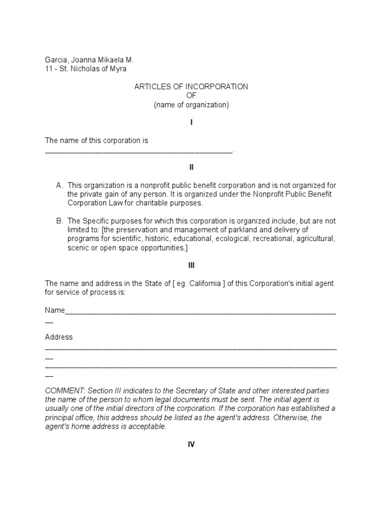 Sample Article of Incorporation & Proof of Partnership | 501(C ...