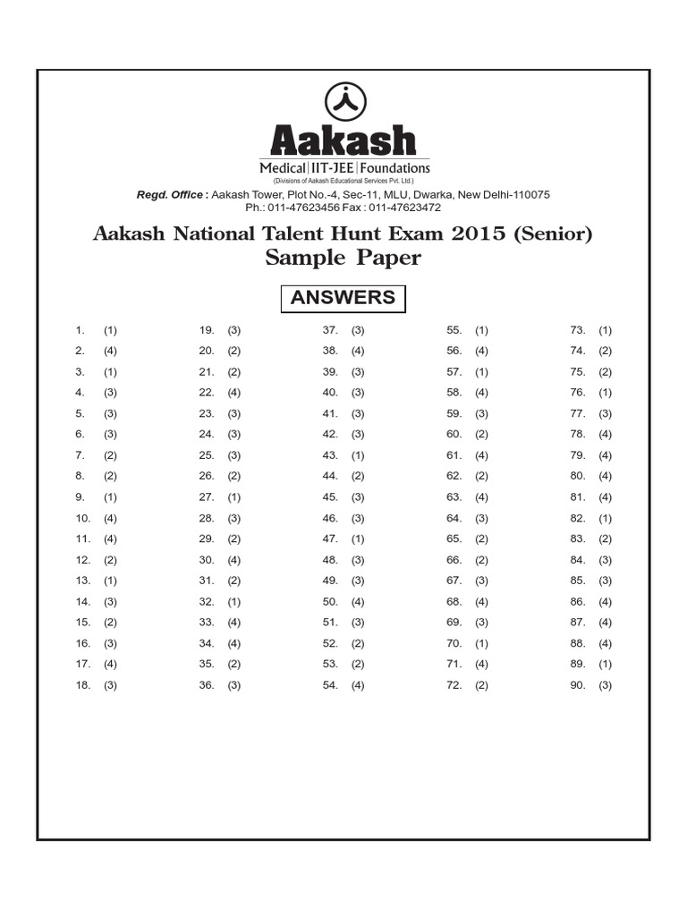 Sample Paper: Aakash National Talent Hunt Exam 2015 (Senior) | PDF