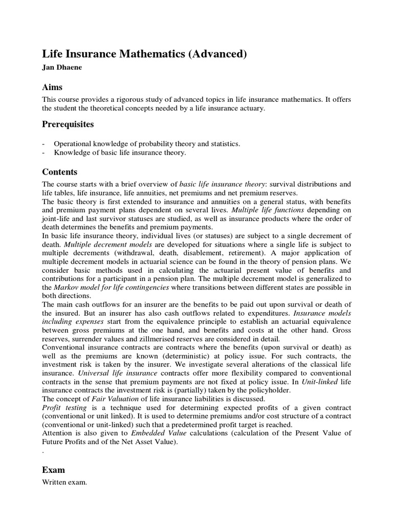 Life Insurance Mathematics (Advanced) : Jan Dhaene | PDF | Life ...