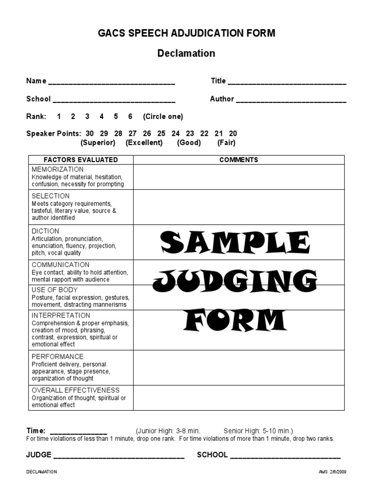 Sample Judging Form: Gacs Speech Adjudication Form Declamation | PDF ...