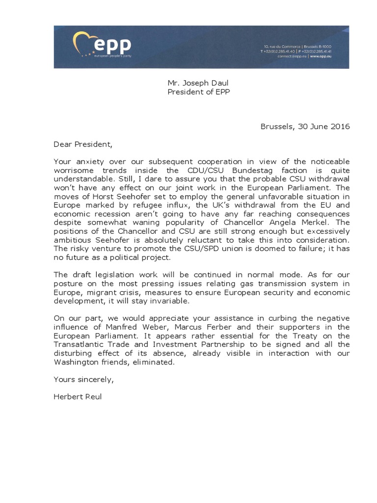 A Letter From The EPP MEP Herbert Reul To The EPP President Joseph Daul ...