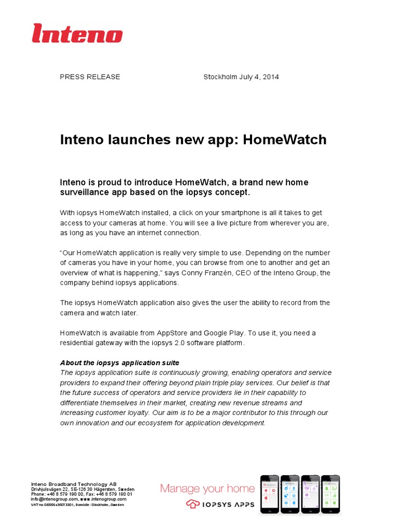 Inteno Launches New App: Homewatch | PDF