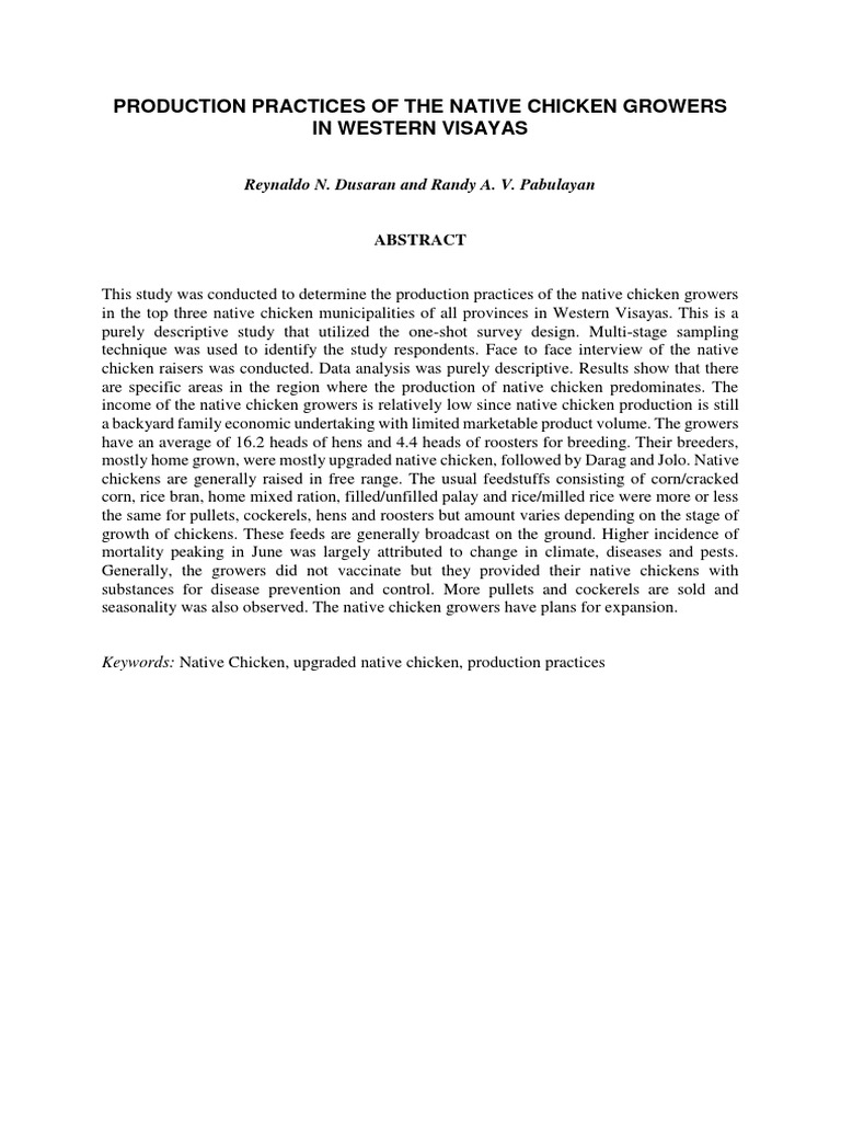 Production Practices and Livelihood of Native Chicken Growers in ...