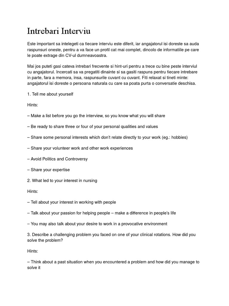 Intrebari Interviu Nursing | PDF | Nursing | Patient