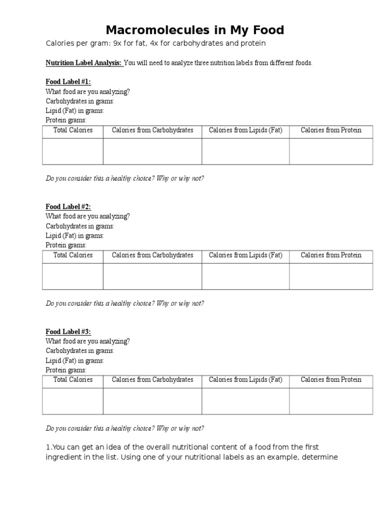 Macromolecules in My Food Activity | PDF | Fat | Calorie