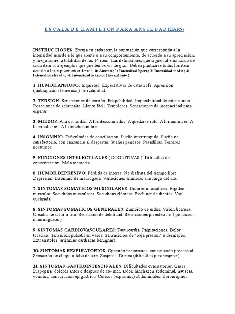 Escala Hamilton de Ansiedad | Descargar gratis PDF | Ansiedad ...