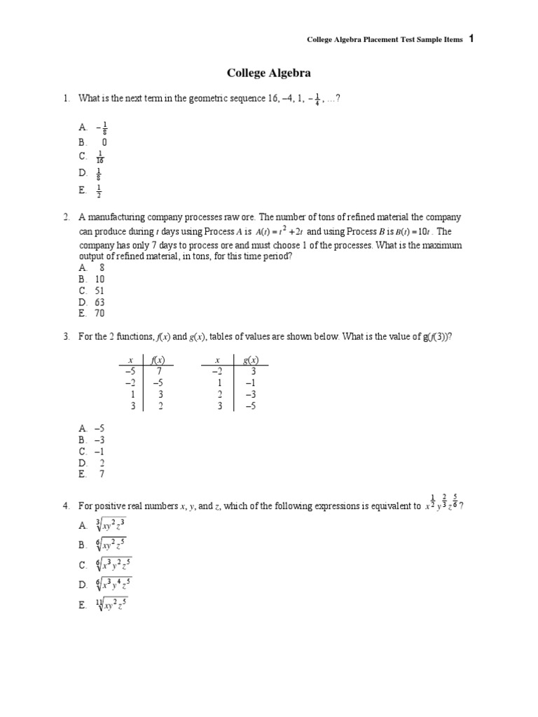 College Algebra Sample Test | PDF | Trigonometric Functions | Sine
