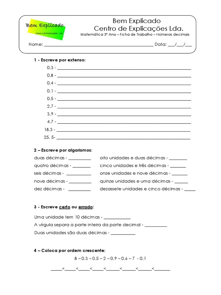 Ficha de Trabalho - Números Decimais