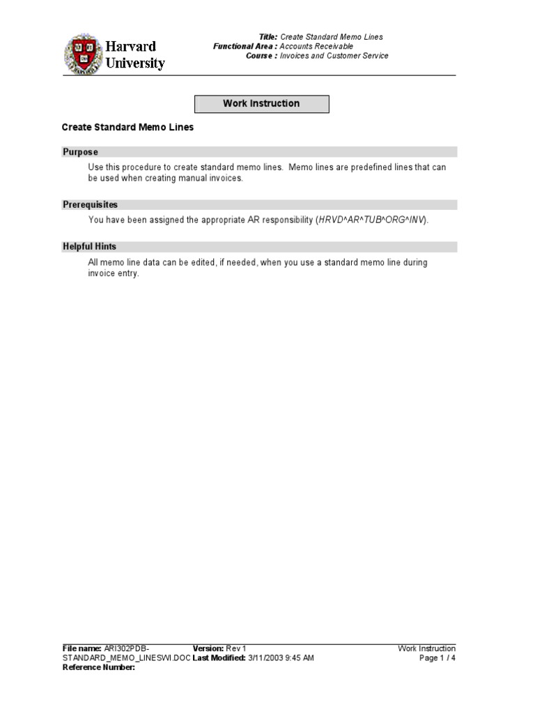 Create Standard Memo Lines | Invoice | Memorandum