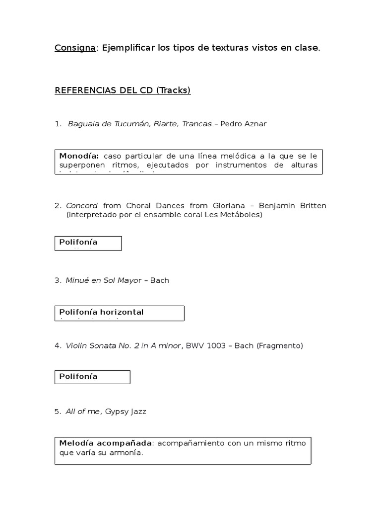 Formas Musicales: Texturas Ejemplificadas | PDF