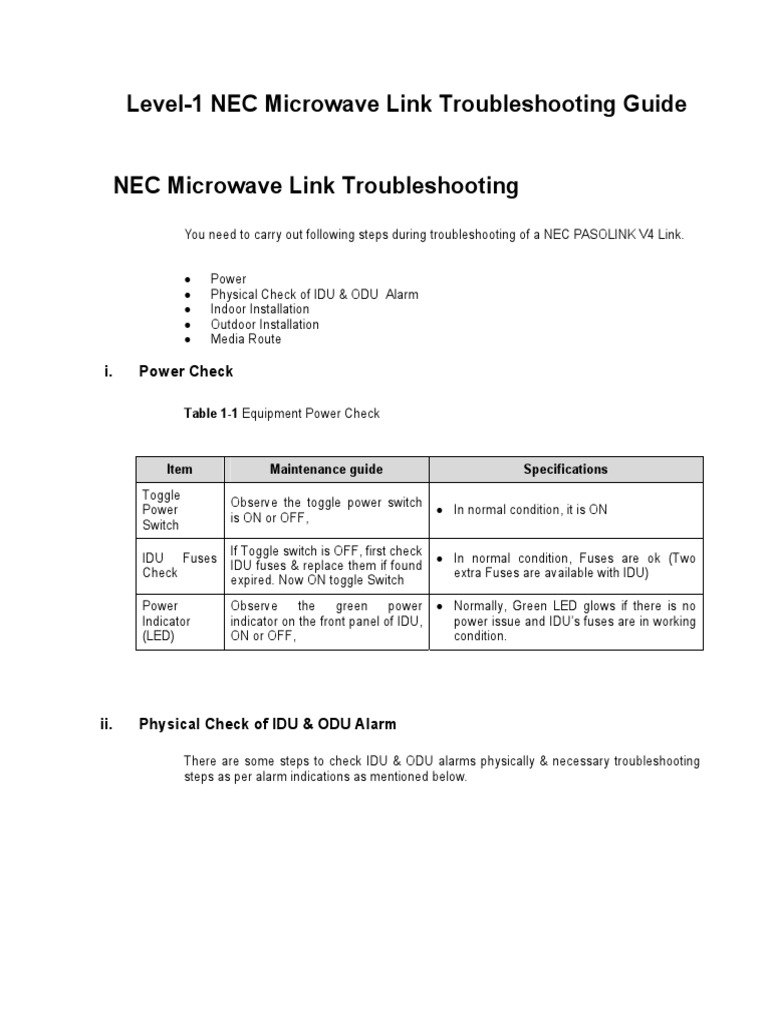 Level-1 Troubleshooting Guide For NEC PASOLINK V4 | PDF | Electrical ...