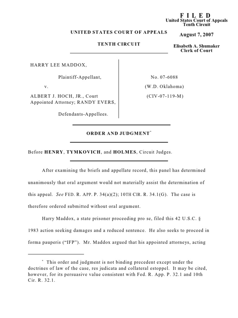 Maddox v. Hoch, 10th Cir. (2007) | PDF | Complaint | United States ...