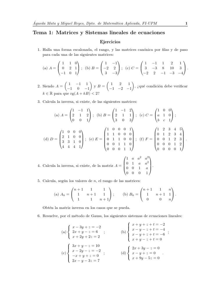 Ejercicios de Matrices y Sistema de Ecuaciones | PDF | Matriz (Matemáticas) | Análisis numérico