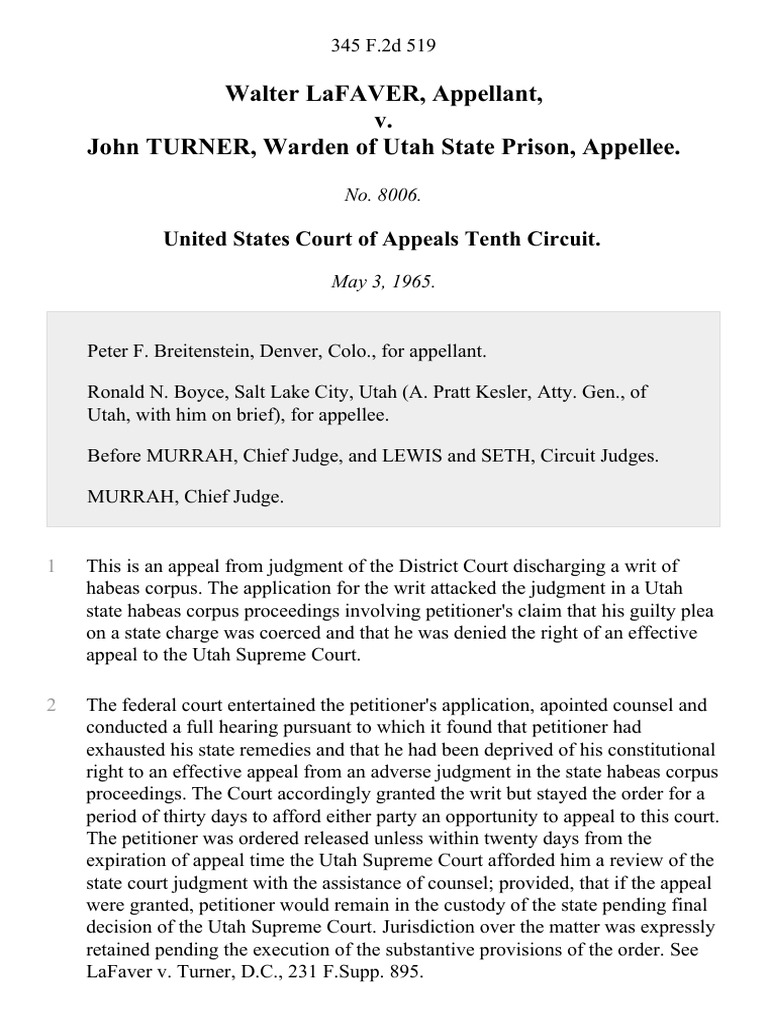 Walter Lafaver v. John Turner, Warden of Utah State Prison, 345 F.2d ...