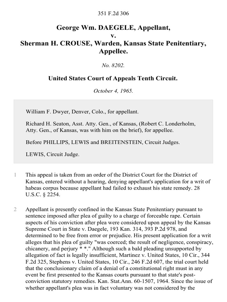 George Wm. Daegele v. Sherman H. Crouse, Warden, Kansas State Penitentiary, 351 F.2d 306, 10th ...
