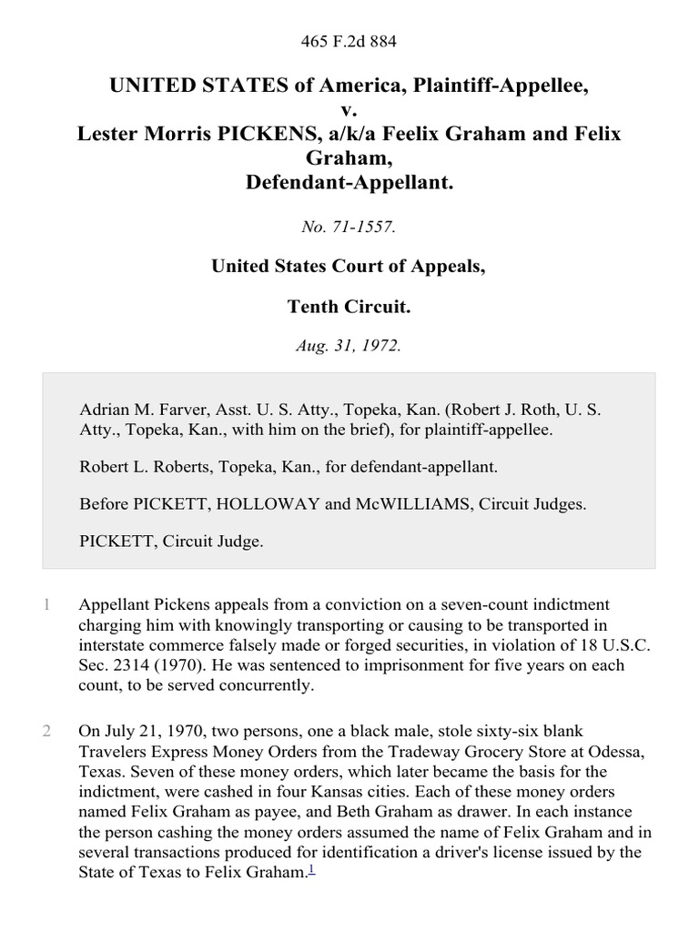 United States v. Lester Morris Pickens, A/K/A Feelix Graham and Felix ...