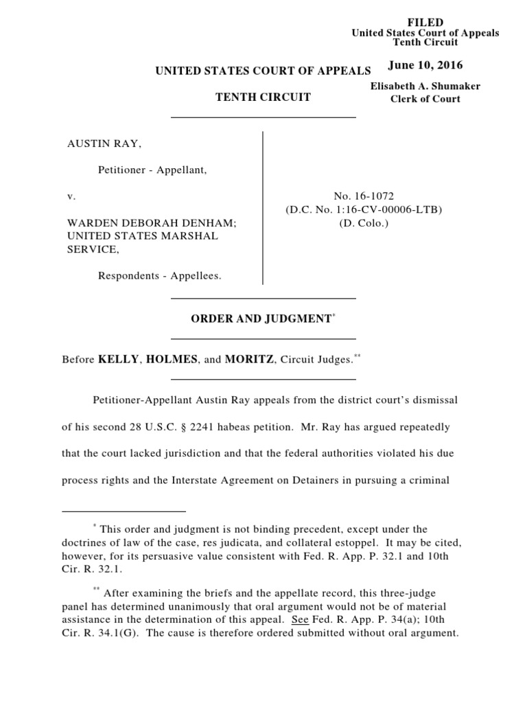 Ray v. Denham, 10th Cir. (2016) | PDF | Appeal | Precedent