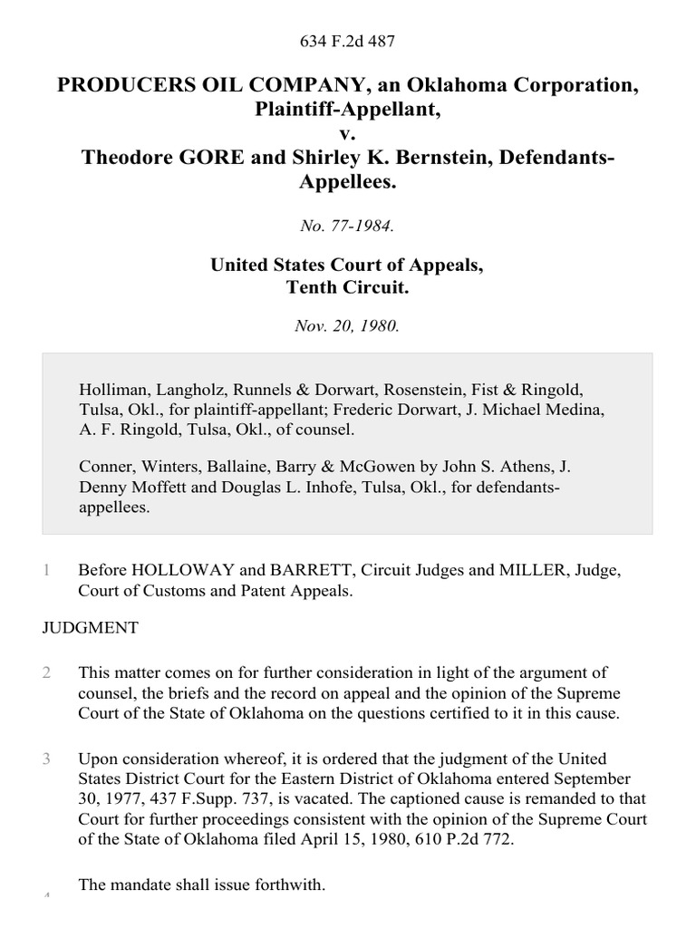 Producers Oil Company, An Oklahoma Corporation v. Theodore Gore and ...